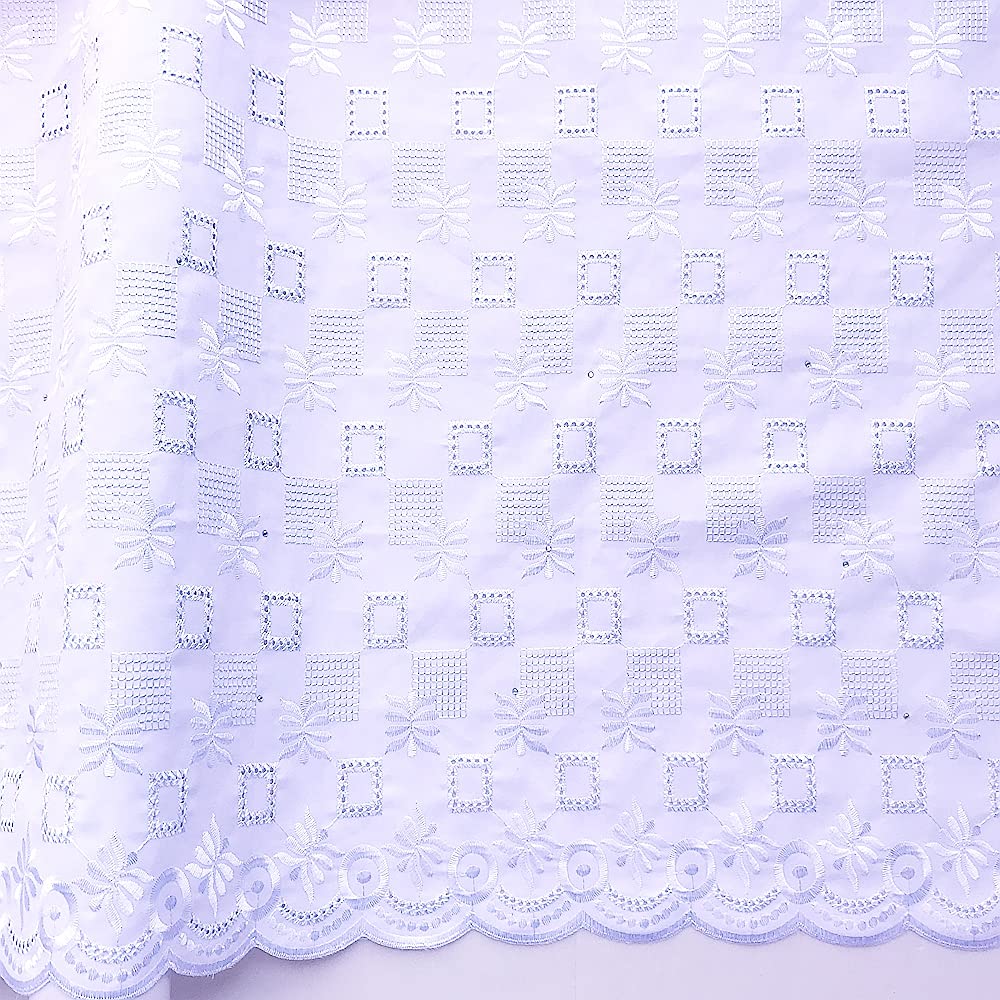 Cotton Swiss Voile Lace Fabric 5 Yards White African Dry Lace Fabric Nigerian Lace Fabric Dubai Embroidery Lace Fabric with Stones（White BB52)