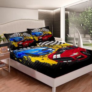 Racing Car Bed Sheet Set Cool Sports Car Bedding Set Race Car Competition Fitted Sheet for Children Kids Boys Extreme Sports Theme Bed Cover Room Decor Twin Size