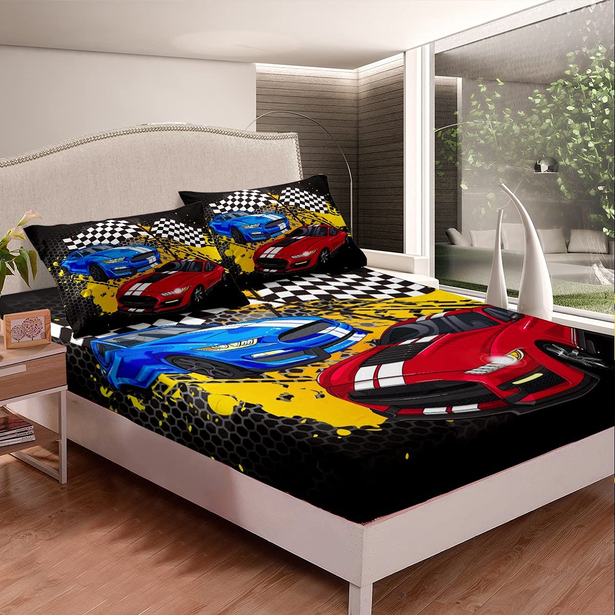 Racing Car Bed Sheet Set Cool Sports Car Bedding Set Race Car Competition Fitted Sheet for Children Kids Boys Extreme Sports Theme Bed Cover Room Decor Twin Size