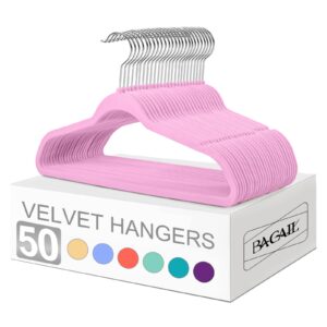 bagail velvet hangers 50 pack, non slip 360 degree swivel hook strong and durable clothes hangers for coats, suit, shirt dress, pants & dress clothes(pink, 50 pack)