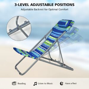 Goplus Beach Sling Chair for Adults, 2 Pcs Portable Folding Camping Chair W/ 3-Position Adjustable Backrest & Comfy Headrest, Outdoor Heavy Duty Lounge (Stripe)