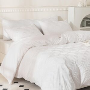 JELLYMONI White Duvet Cover Queen Size - 3 Pieces White Boho Grid Textured Bedding Cover Soft Lightweight Comforter Cover with Zipper Closure & 8 Corner Ties (Nature White,Queen)