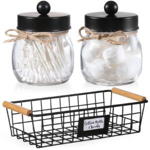 2 pack glass qtip holder with basket - mason jar dispenser for cotton ball & swabs- apothecary jars set canister for vanity makeup storage organizer - restroom bathroom decor accessories - black