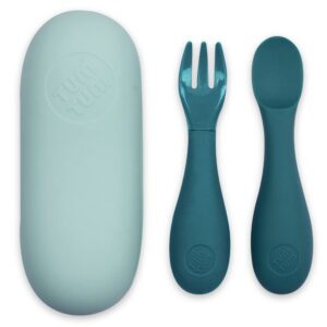 tum tum baby cutlery with case, baby spoon & fork set, baby cutlery for babies, first self feeding cutlery, silicone baby spoon & fork, 6 months plus, (blue)