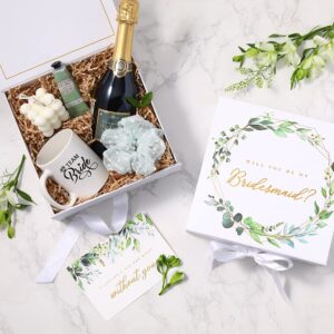 BRIGEL Bridesmaid Proposal Box, Will You Be My Maid of Honor Proposal Box for Maid of Honor Gifts, Leaf-Patterned White Box with Gold-Foiled Text, Magnetic Closure, and a White Ribbon