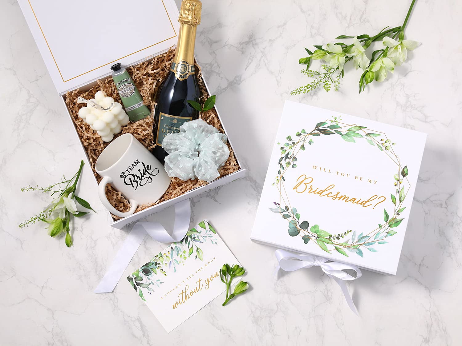 BRIGEL Bridesmaid Proposal Box, Will You Be My Maid of Honor Proposal Box for Maid of Honor Gifts, Leaf-Patterned White Box with Gold-Foiled Text, Magnetic Closure, and a White Ribbon