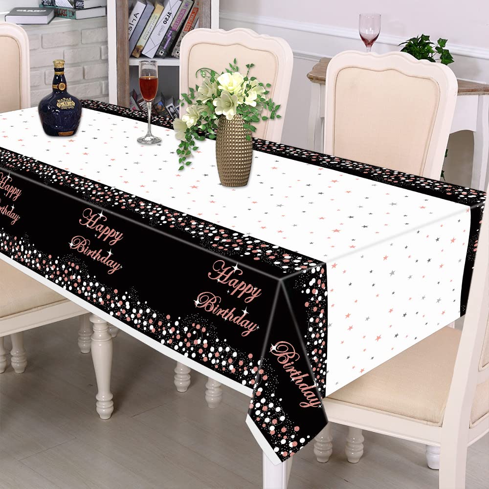 3 Pack Black and Rose Gold Tablecloth Party Decorations - Plastic Disposable Birthday Tablecloth, Black and Rose Gold Confetti Rectangle Table Cover, Table Cloths 51"x86" for Birthday Party Supplies