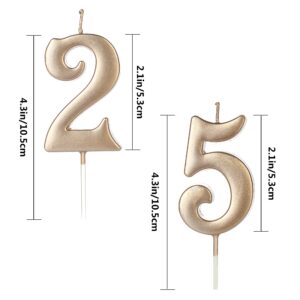 Champagne Gold 25th & 52nd Number Birthday Candles for Cake Topper, Number 52 25 Glitter Premium Candle Party Anniversary Celebration Decoration for Kids Women or Men