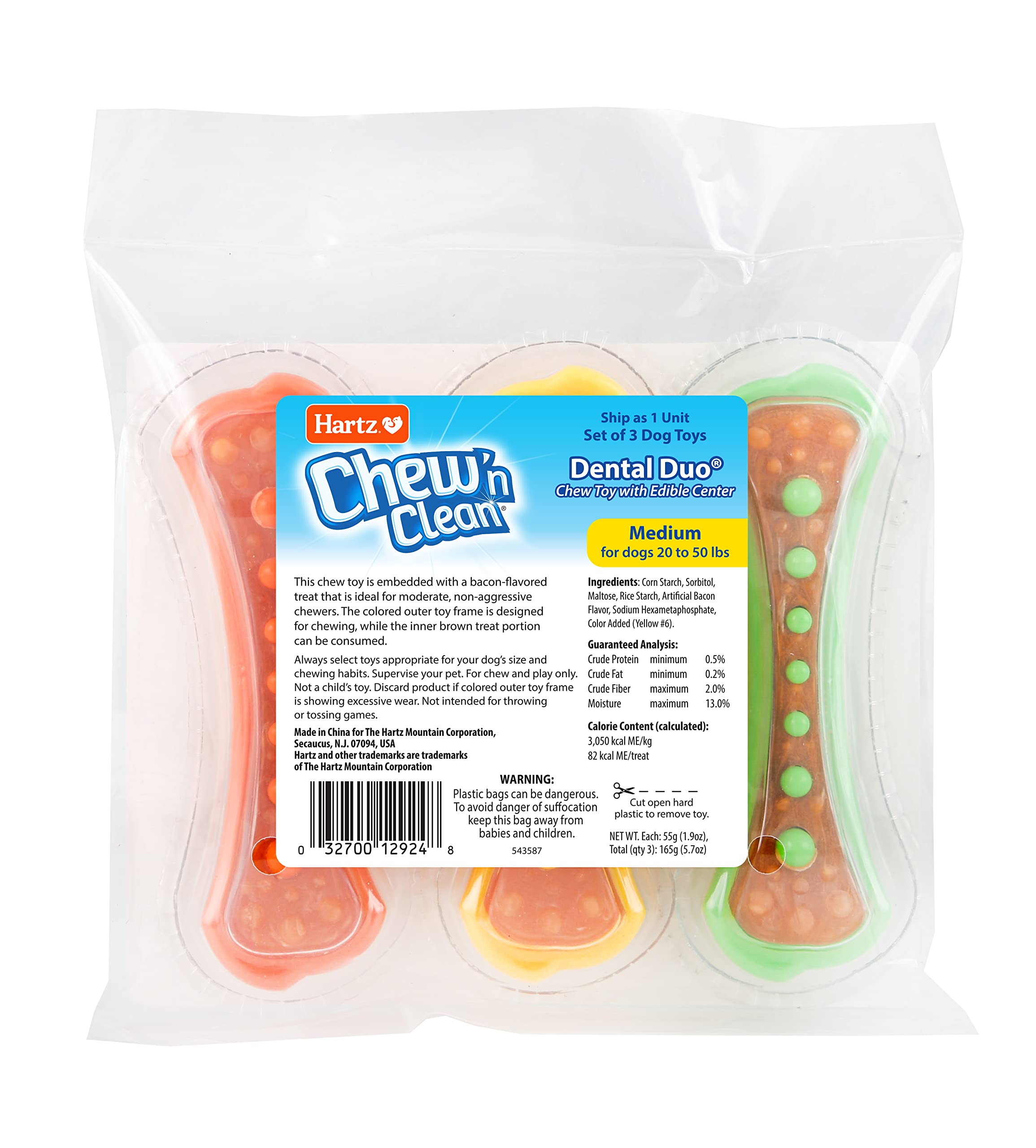 Hartz Chew 'n Clean Dental Duo Dog Treat & Chew Toy, Color Varies, Medium, 3 Pack