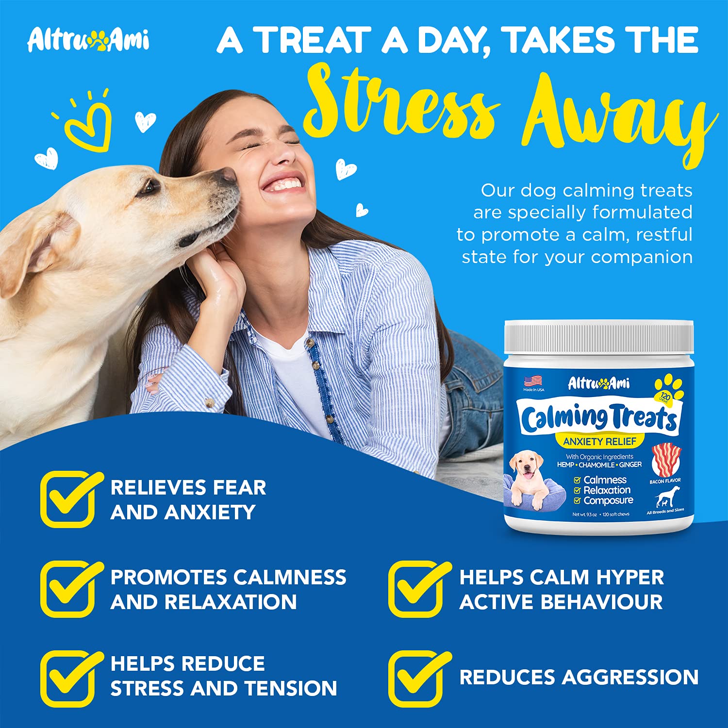 Altru-Ami Calming Chews for Dogs - 120 Hemp Dog Calming Treats for Dog Anxiety Relief - Helps with Separation Anxiety, Travel Stress, Barking, Fireworks & Thunderstorms - Made in USA