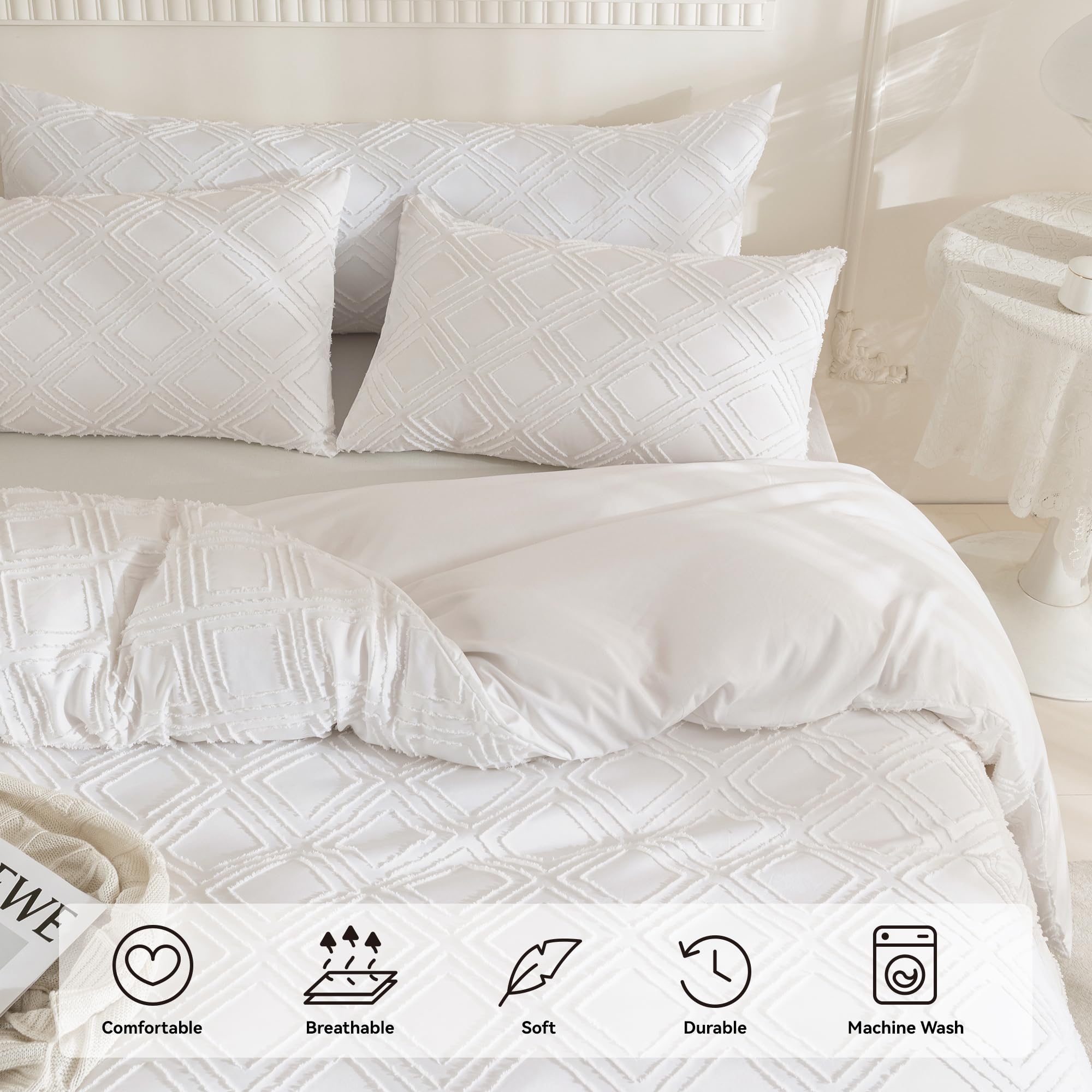 JELLYMONI White Duvet Cover Queen Size - 3 Pieces White Boho Grid Textured Bedding Cover Soft Lightweight Comforter Cover with Zipper Closure & 8 Corner Ties (Nature White,Queen)