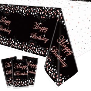 3 pack black and rose gold tablecloth party decorations - plastic disposable birthday tablecloth, black and rose gold confetti rectangle table cover, table cloths 51"x86" for birthday party supplies