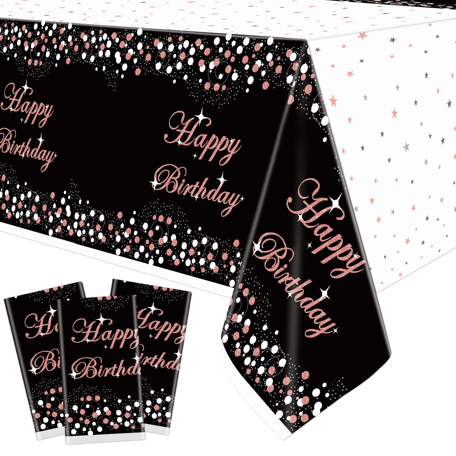 3 Pack Black and Rose Gold Tablecloth Party Decorations - Plastic Disposable Birthday Tablecloth, Black and Rose Gold Confetti Rectangle Table Cover, Table Cloths 51"x86" for Birthday Party Supplies