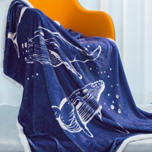 Zevrez Whale Blanket Navy Blue Whales Throw Blanket Flannel Fleece Sea Whale Pattern Blankets Whale Gifts and Decor for Sea and Whale Lovers (Whale 2, 48"x60")