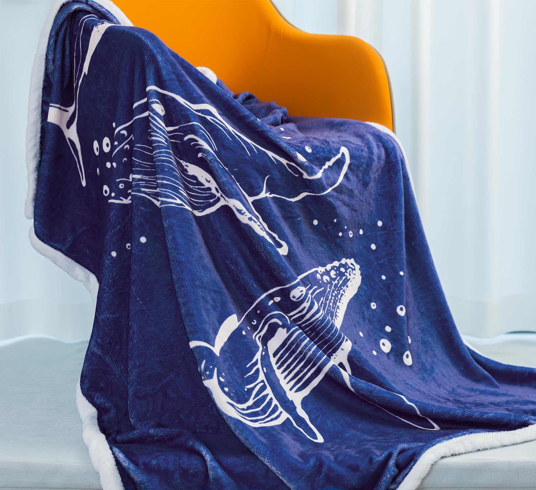 Zevrez Whale Blanket Navy Blue Whales Throw Blanket Flannel Fleece Sea Whale Pattern Blankets Whale Gifts and Decor for Sea and Whale Lovers (Whale 2, 48"x60")