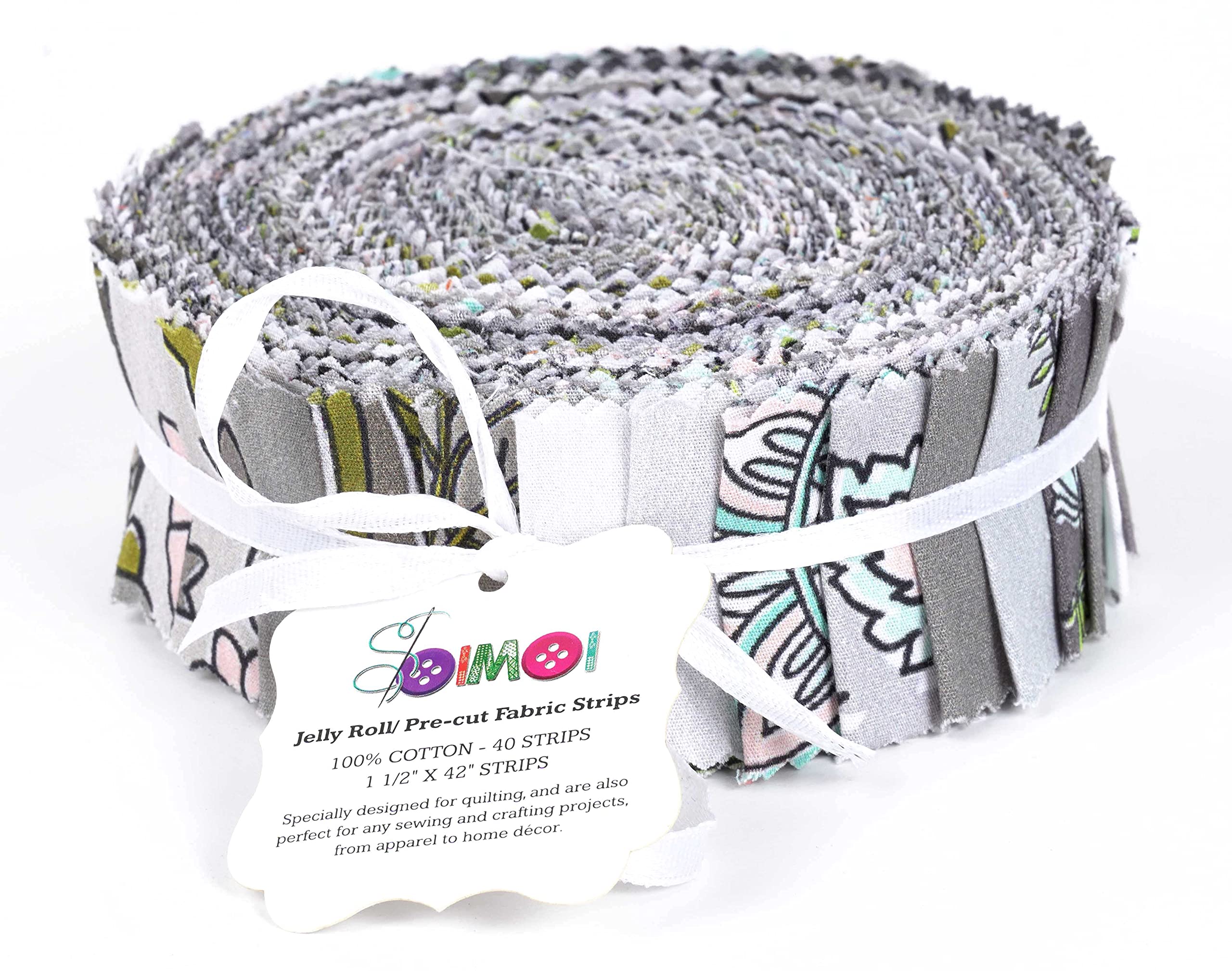 Soimoi 40Pcs Block Print Precut Fabrics Strips Roll Up 1.5x42inches Cotton Jelly Rolls for Quilting - Black