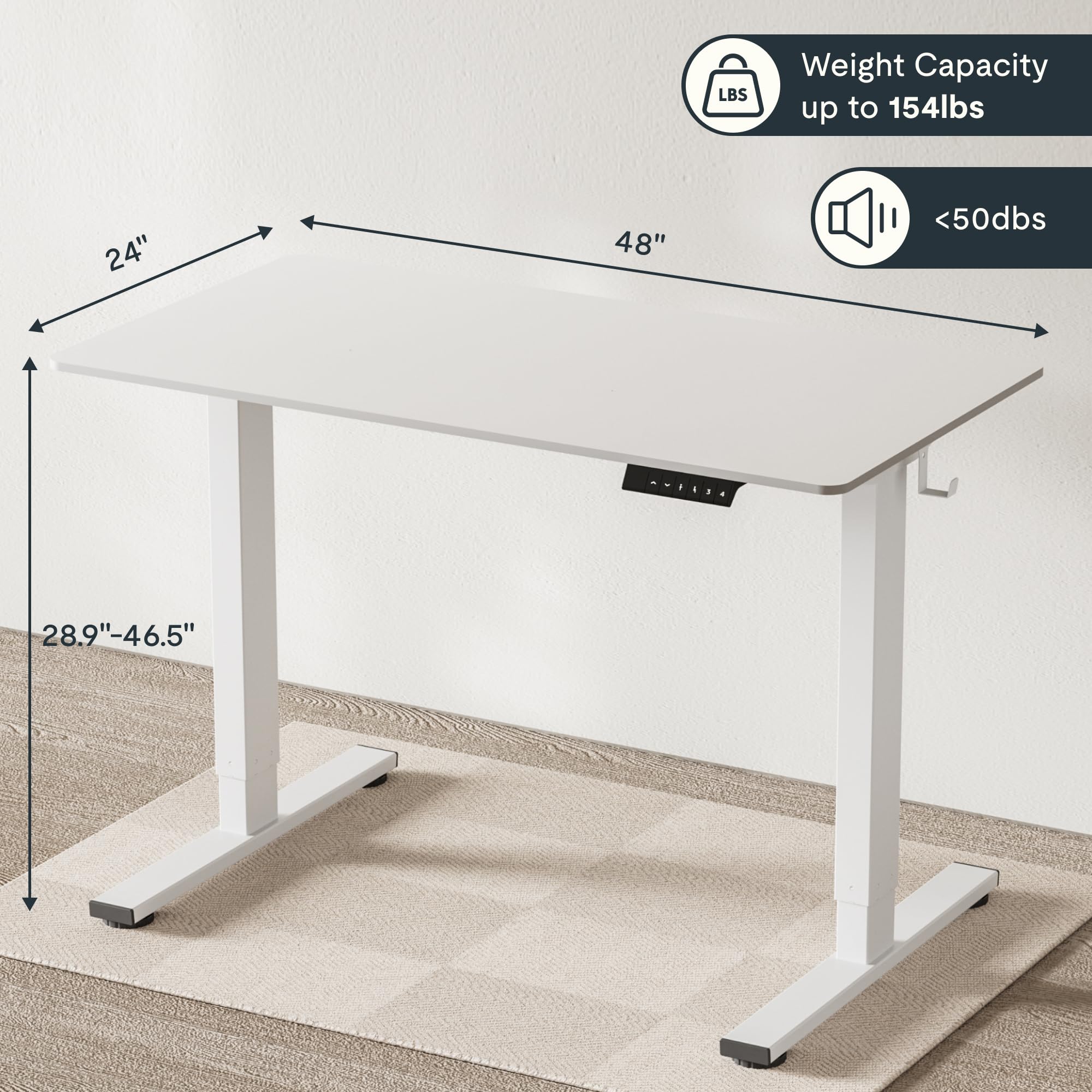 FLEXISPOT White Standing Desk 48 x 24 Inches Whole-Piece Desk Board Electric Stand Up Desk Height Adjustable Desk for Home Office(White Frame + 48" White Top)