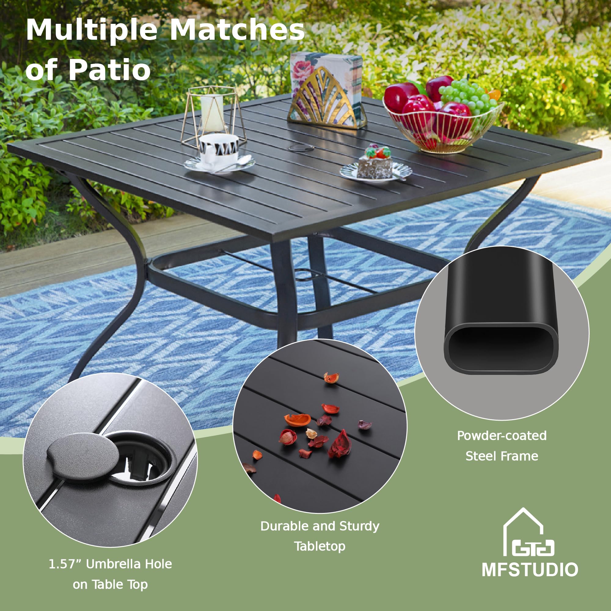 MFSTUDIO Patio Dining Set for 4, Patio Furniture Set with Umbrella(Navy Blue), 4 Stackable Chairs, 1 Metal Square Table and 1 10ft Umbrella(Base Not Included)