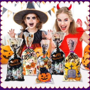 JULBEAR Halloween Cellophane Bags,180Pcs Halloween Treat Bags with 200Pcs Twist Ties, Halloween Goodie Candy Bags for Halloween Party Supplies