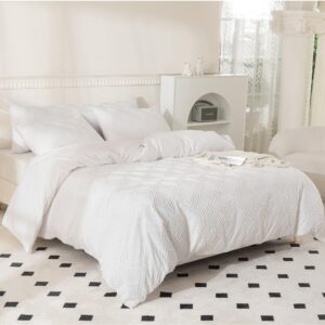 JELLYMONI Ultra-Soft Microfiber 3pc Tufted Duvet Cover Set, White Boho Textured Bedding Cover Jacquard Rhombus Geometric Pattern Reversible Comforter Cover with Zipper Closure & Corner Ties (King)