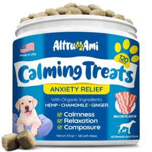 altru-ami calming chews for dogs - 120 hemp dog calming treats for dog anxiety relief - helps with separation anxiety, travel stress, barking, fireworks & thunderstorms - made in usa