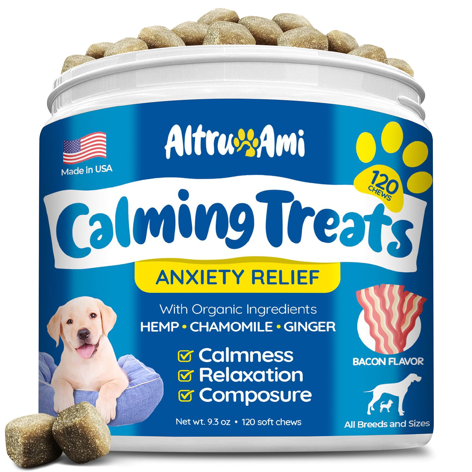 Altru-Ami Calming Chews for Dogs - 120 Hemp Dog Calming Treats for Dog Anxiety Relief - Helps with Separation Anxiety, Travel Stress, Barking, Fireworks & Thunderstorms - Made in USA