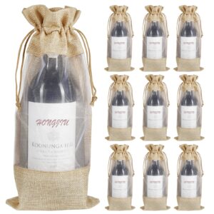 jute wine bags, 10pcs burlap wine bottle gift bags 750ml with sheer window organza hessian drawstring gift bags for wedding festival wine tasting party favors (14 x 6.3 inches)