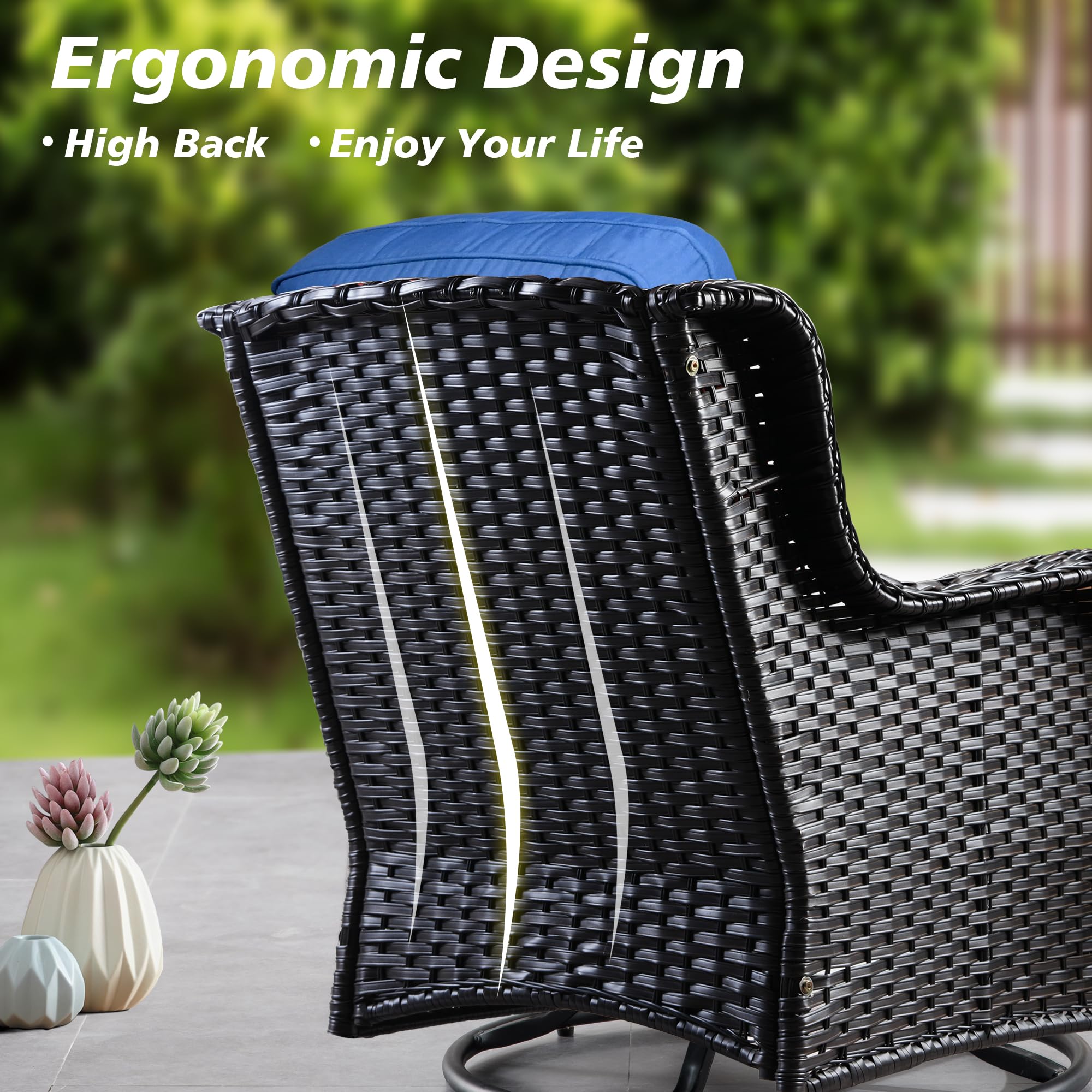 XIZZI Patio Chair Outdoor Wicker Swivel Rocker Patio Chairs Set of 2 and Matching Side Table - 3 Piece Wicker Patio Bistro Set 360 Degrees,Brown Wicker Navy Blue