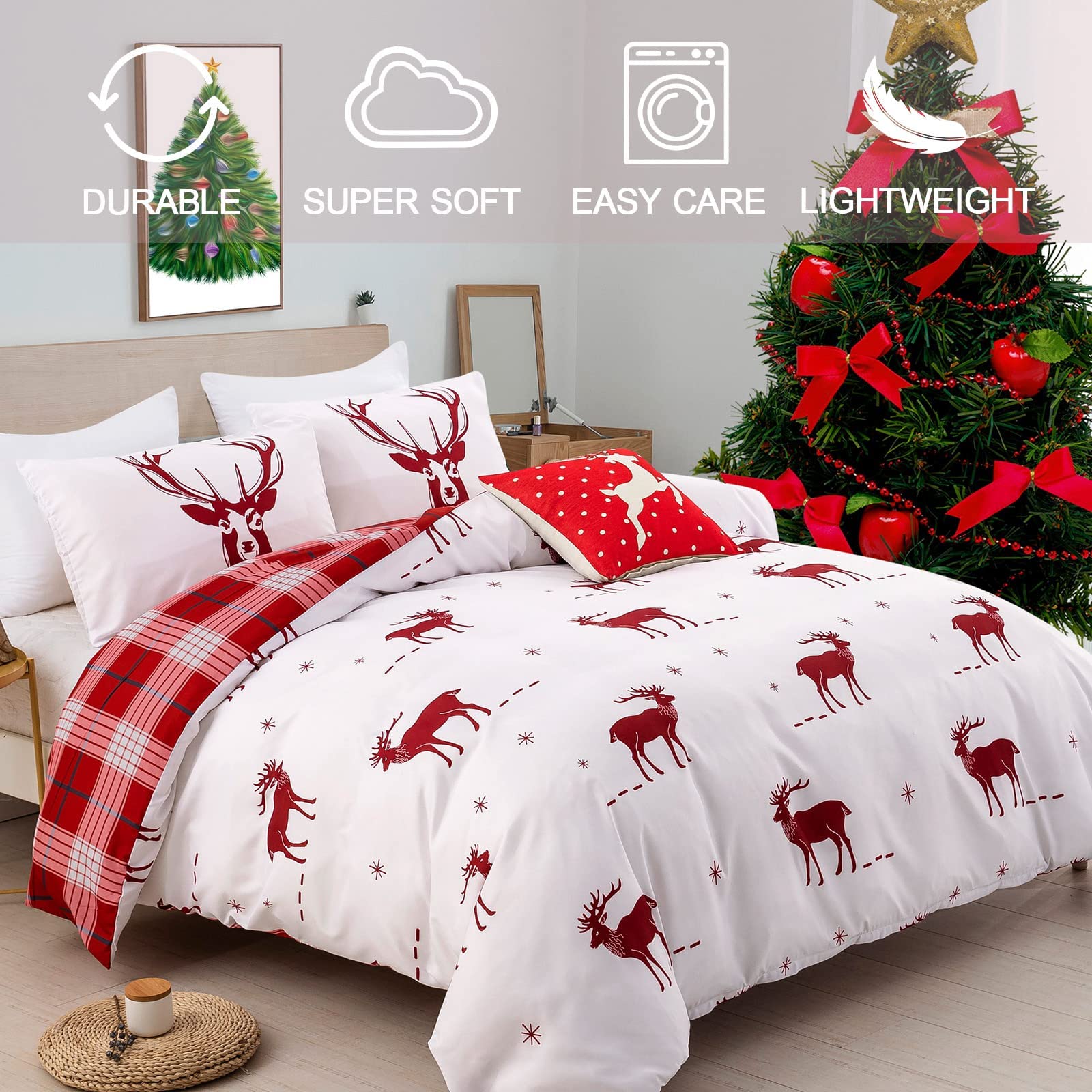 Christmas Duvet Cover Set Queen, 3 Pieces Reversible Red Plaid Reindeer Snowflake Bedding Set with 2 Pillowcases, Soft Microfiber Holiday New Year Bedding Gifts Queen 90”X90”(Not Comforter)