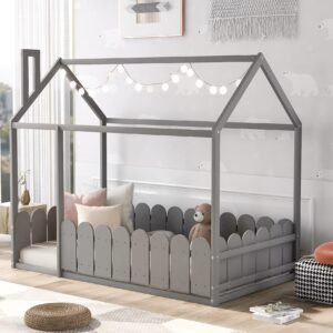 harper & bright designs house bed for kids, full size bed with roof and fence, wood bed frame for kids, teens, girls & boys, easy assembly (gray)