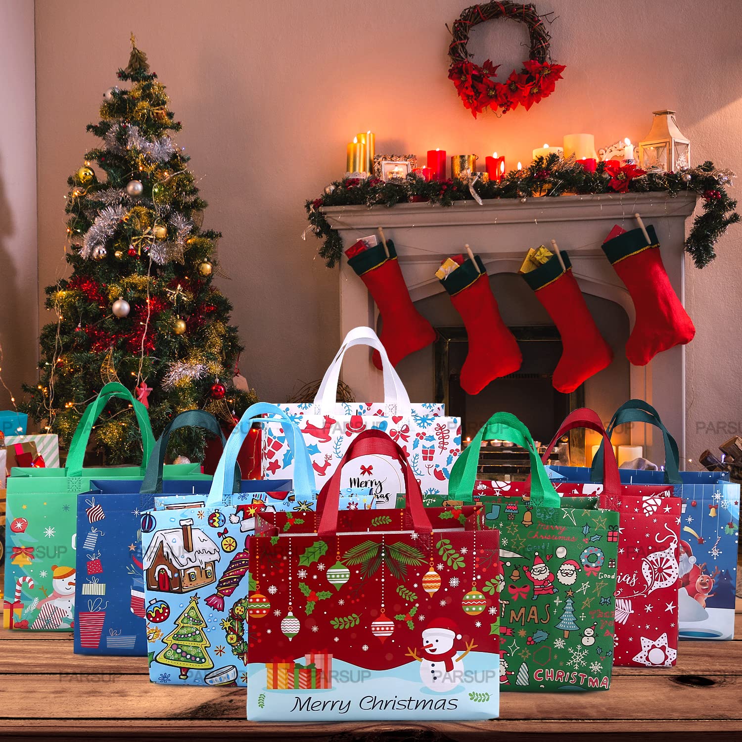 PARSUP 16PCS Christmas Gift Bags, Tote Bags with Handles, Treat Bags, Multifunctional Non-Woven Bags for Gifts Wrapping Shopping, Xmas Party Supplies, 12.8"×9.8"×6.7"