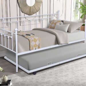 gaodashang Twin Size Metal Frame Daybed with Pullout Trundle,Heavy Duty Steel Slat Support Sofa Bed for Guest,No Spring Box Needed, White