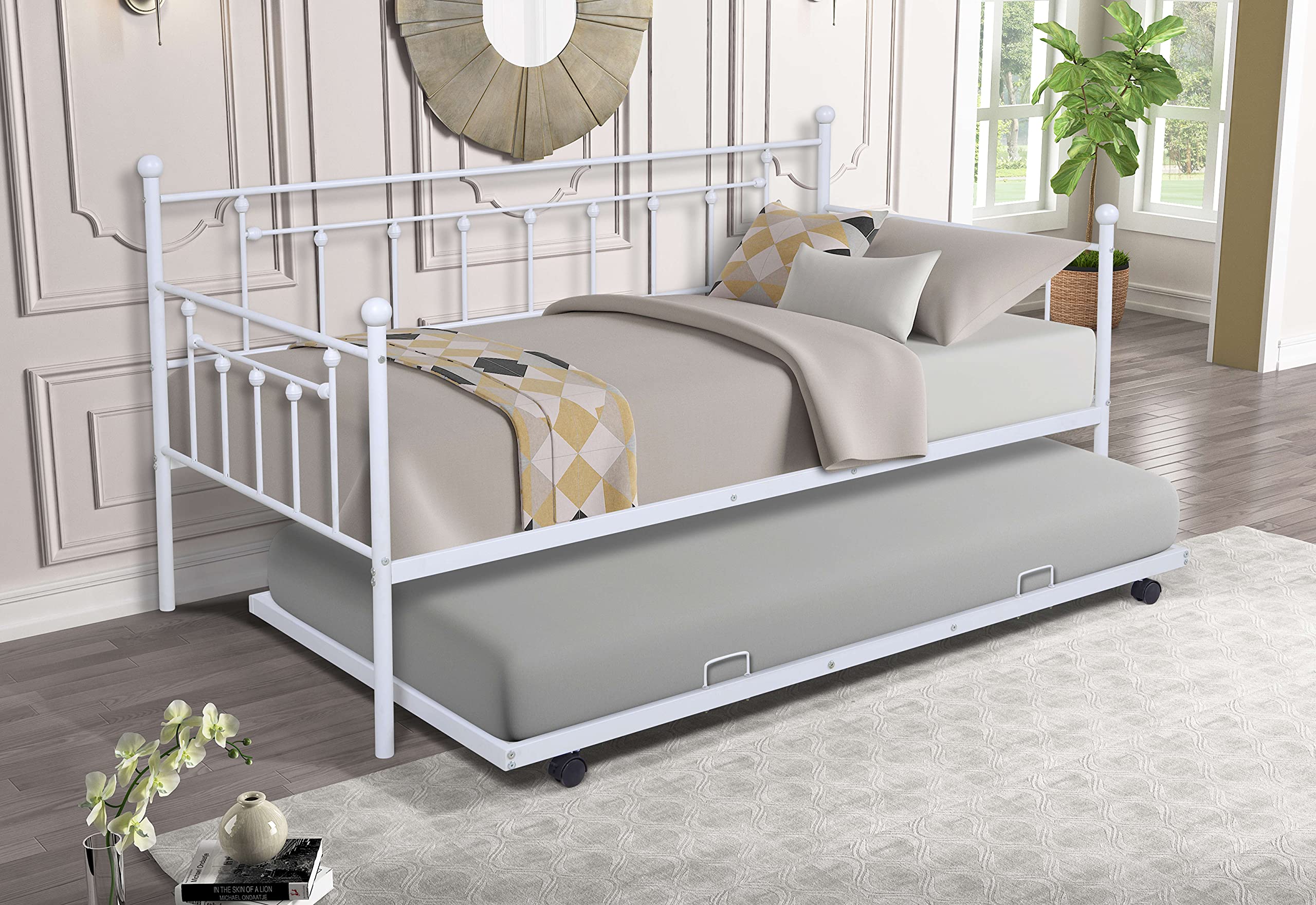 gaodashang Twin Size Metal Frame Daybed with Pullout Trundle,Heavy Duty Steel Slat Support Sofa Bed for Guest,No Spring Box Needed, White