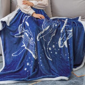 Zevrez Whale Blanket Navy Blue Whales Throw Blanket Flannel Fleece Sea Whale Pattern Blankets Whale Gifts and Decor for Sea and Whale Lovers (Whale 2, 48"x60")