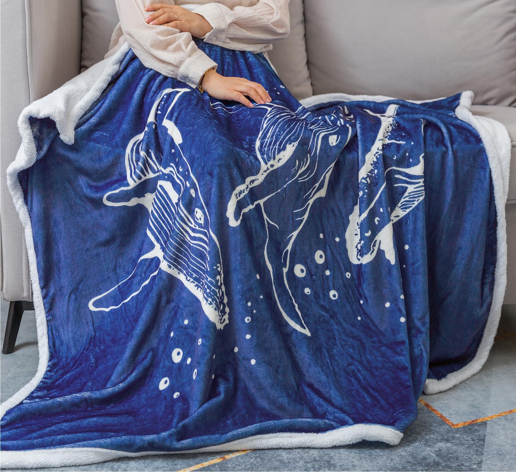 Zevrez Whale Blanket Navy Blue Whales Throw Blanket Flannel Fleece Sea Whale Pattern Blankets Whale Gifts and Decor for Sea and Whale Lovers (Whale 2, 48"x60")