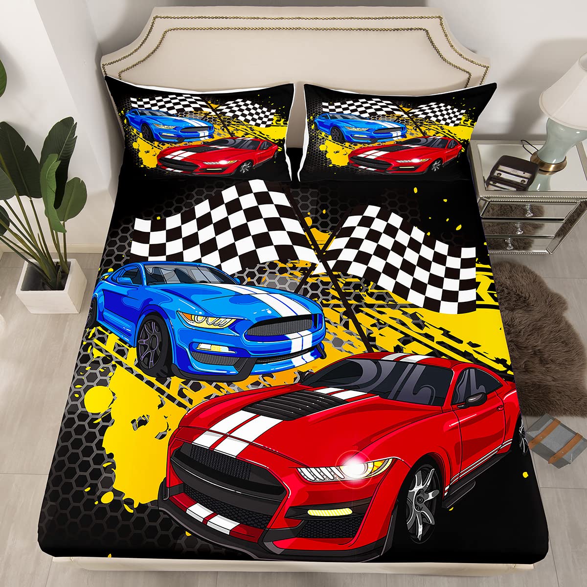 Racing Car Bed Sheet Set Cool Sports Car Bedding Set Race Car Competition Fitted Sheet for Children Kids Boys Extreme Sports Theme Bed Cover Room Decor Twin Size