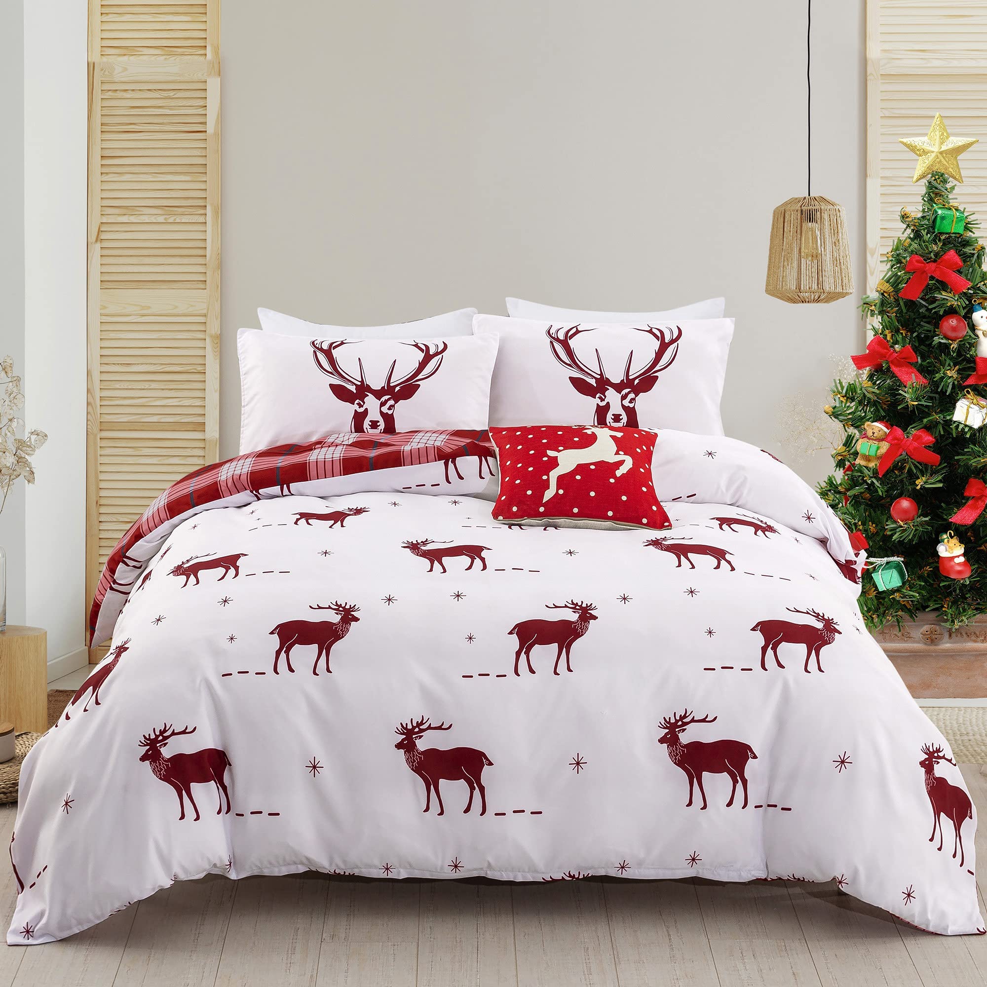 Christmas Duvet Cover Set Queen, 3 Pieces Reversible Red Plaid Reindeer Snowflake Bedding Set with 2 Pillowcases, Soft Microfiber Holiday New Year Bedding Gifts Queen 90”X90”(Not Comforter)