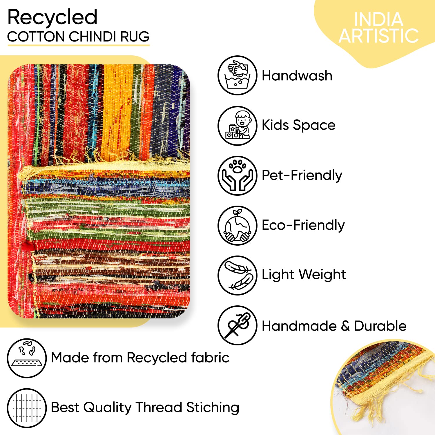 INDIAN ARTISTIC Multi Color Chindi Rag Rug 3.3X5.6' | Hand Woven Rug & Reversible Rug |Recycled Cotton Chindi Rug for Living Room Kitchen | Rustic Rug | Cotton Rug | Runner Rugs (Mustard Colour)