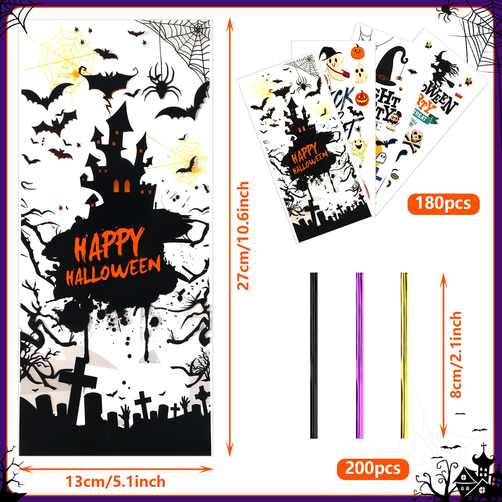 JULBEAR Halloween Cellophane Bags,180Pcs Halloween Treat Bags with 200Pcs Twist Ties, Halloween Goodie Candy Bags for Halloween Party Supplies