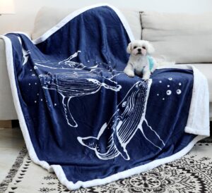 zevrez whale blanket navy blue whales throw blanket flannel fleece sea whale pattern blankets whale gifts and decor for sea and whale lovers (whale 2, 48"x60")