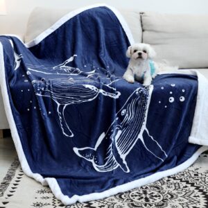 Zevrez Whale Blanket Navy Blue Whales Throw Blanket Flannel Fleece Sea Whale Pattern Blankets Whale Gifts and Decor for Sea and Whale Lovers (Whale 2, 48"x60")