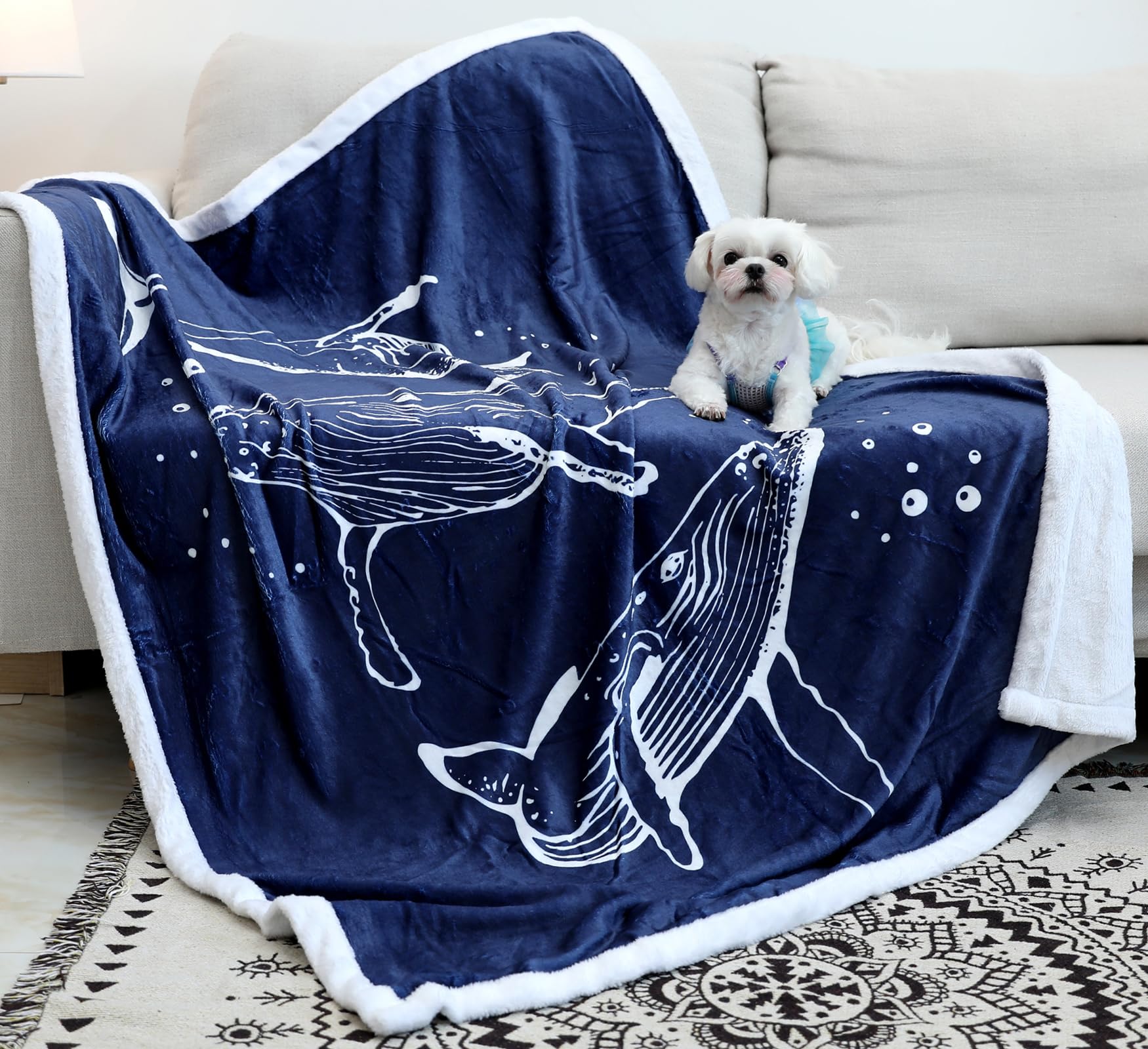 Zevrez Whale Blanket Navy Blue Whales Throw Blanket Flannel Fleece Sea Whale Pattern Blankets Whale Gifts and Decor for Sea and Whale Lovers (Whale 2, 48"x60")