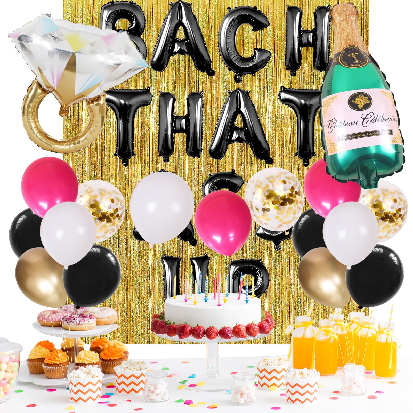 zrjssyp Bachelorette Party Decor Black and Gold - Bach That Balloon Banner, Champagne Glass Balloon, Diamond Ring Balloon, Bride To Be Sash, Tinsel Curtains for Brunch Bridal Shower Hen Party Decor