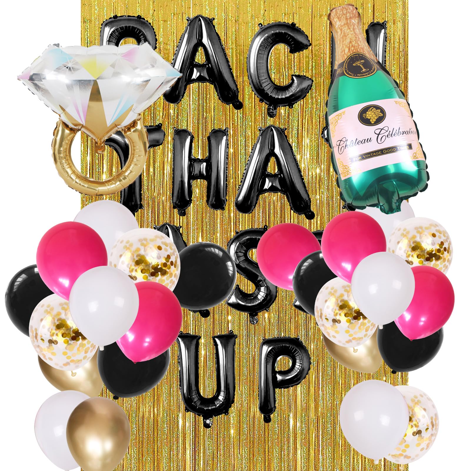 zrjssyp Bachelorette Party Decor Black and Gold - Bach That Balloon Banner, Champagne Glass Balloon, Diamond Ring Balloon, Bride To Be Sash, Tinsel Curtains for Brunch Bridal Shower Hen Party Decor