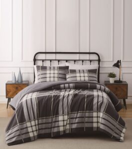 truly soft everyday - king 3 piece duvet + sham set - milo plaid flannel collection - grey