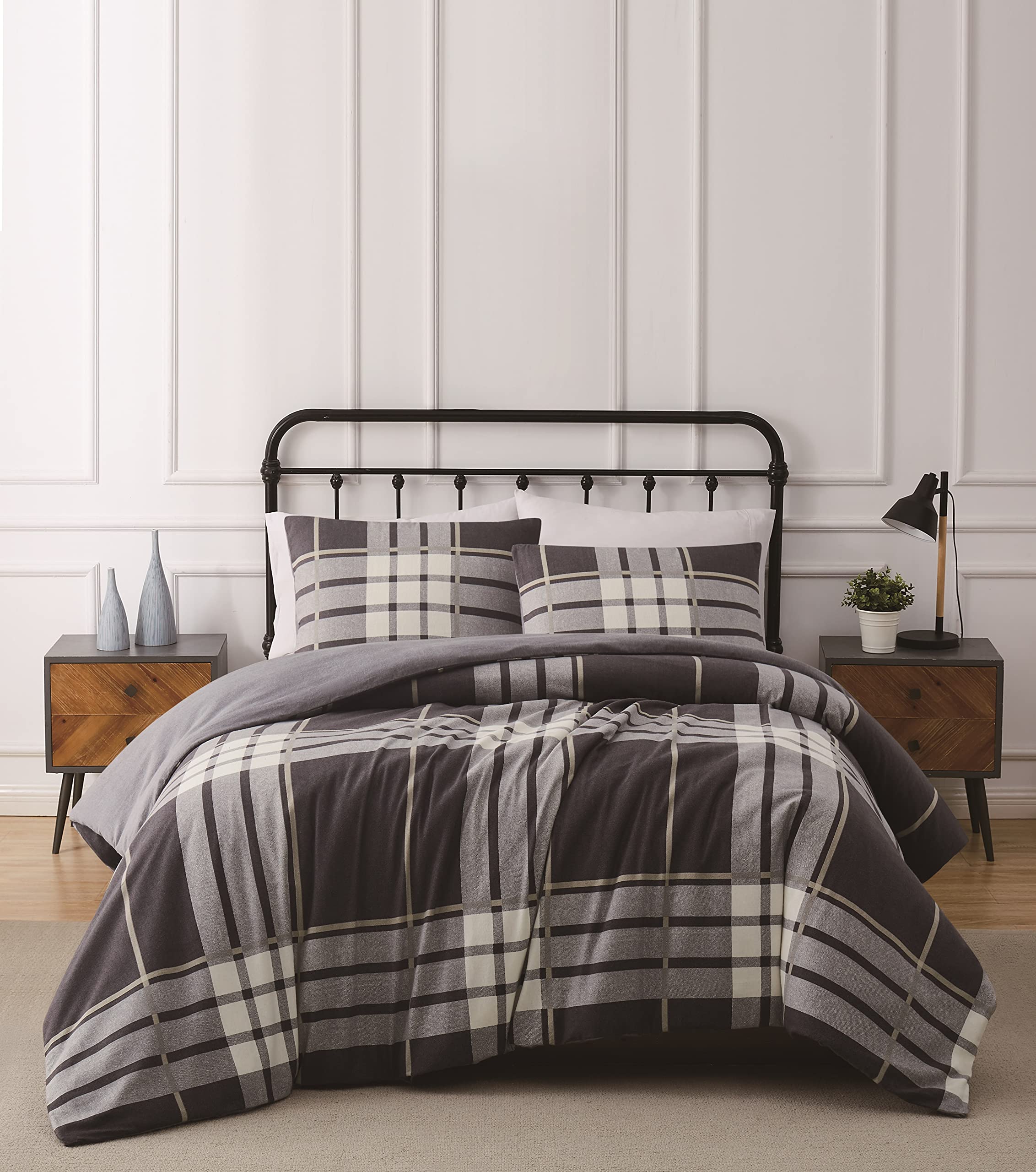 Truly Soft Everyday - King 3 Piece Duvet + Sham Set - Milo Plaid Flannel Collection - Grey