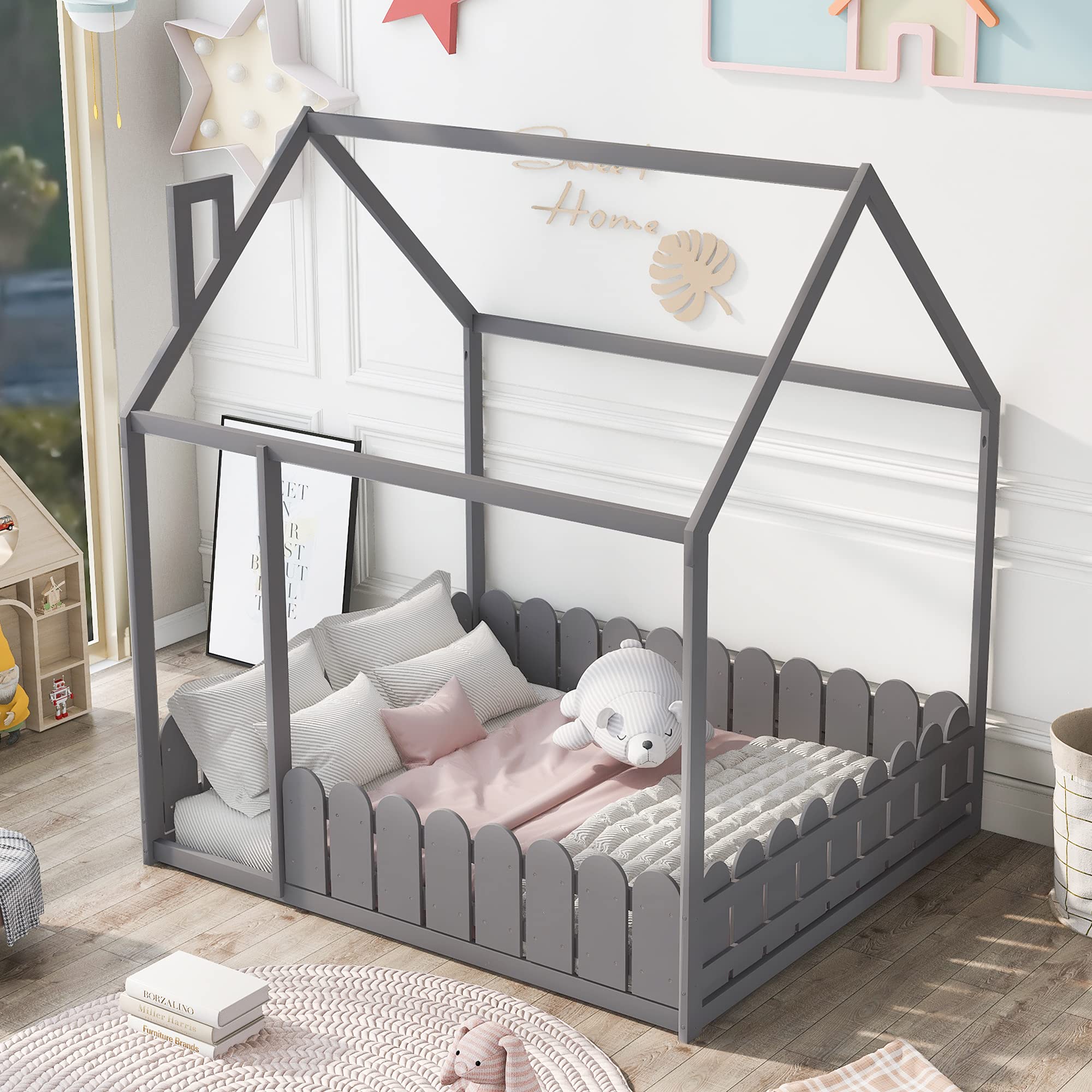 Harper & Bright Designs Full Size House Bed for Kids,Montessori Bed Full Size with Fence-Shaped Guardrails, Wood Toddler Full Floor Bed Frames for Girls, Boys(Full,Grey)