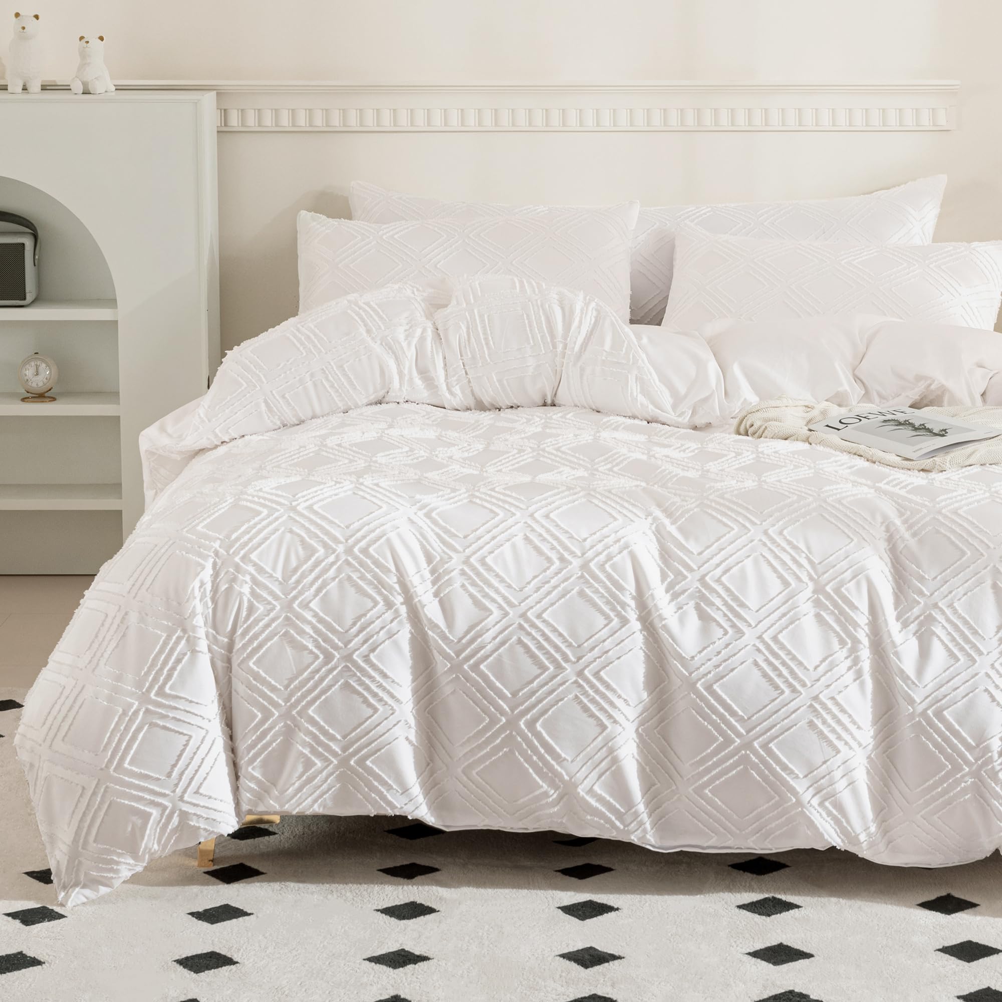 JELLYMONI White Duvet Cover Queen Size - 3 Pieces White Boho Grid Textured Bedding Cover Soft Lightweight Comforter Cover with Zipper Closure & 8 Corner Ties (Nature White,Queen)