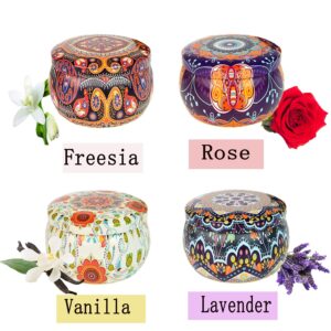 Scented Soy Candles Aromatherapy Gift Set: Rose Lavender Vanilla Jasmine 4pcs Natural Wax 4.4 Ounce Travel 100% Soy Wax Tin Fragrance Relaxing Stress Relief Aroma Home Bath Spa Gifts for Women