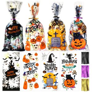 julbear halloween cellophane bags,180pcs halloween treat bags with 200pcs twist ties, halloween goodie candy bags for halloween party supplies